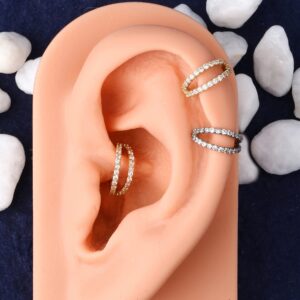 OUFER 14K Gold Helix Earrings Solid Gold Double Row Diamonds Septum Piercing Jewelry Hoop Cartilage Earrings Daith Tragus Earrings