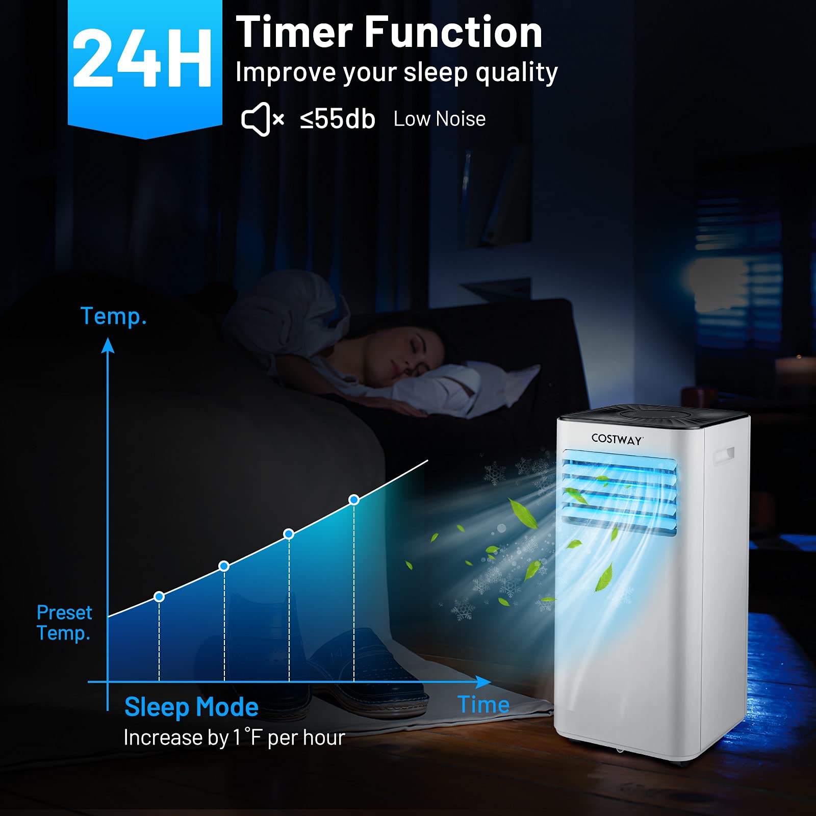 COSTWAY Portable Air Conditioner 10000BTU, Dehumidifier, Cooling for Room Spaces up to 350 Sq.Ft with 3 Speed Function, Universal Casters, 24H Timer, Remote Control, for Bedroom