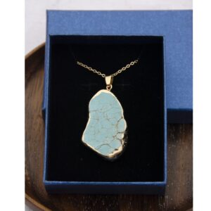 Turquoise Necklace Pendant 14K Gold Plated Genuine Irregular Gemstones,Natural Crystal Healing Handmade Gift Jewelry for Men Women