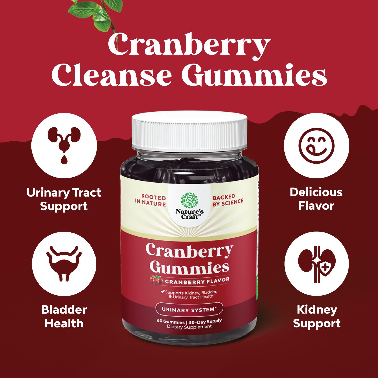 Natural Cranberry Gummies for Women and Men - Extra Strength Delicious Antioxidant Cranberry Chews for Urinary Tract Health Kidney Support Bladder & Immune Health - Vegan Gluten & Gelatin Free