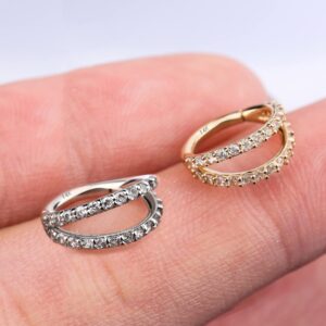 OUFER 14K Gold Helix Earrings Solid Gold Double Row Diamonds Septum Piercing Jewelry Hoop Cartilage Earrings Daith Tragus Earrings