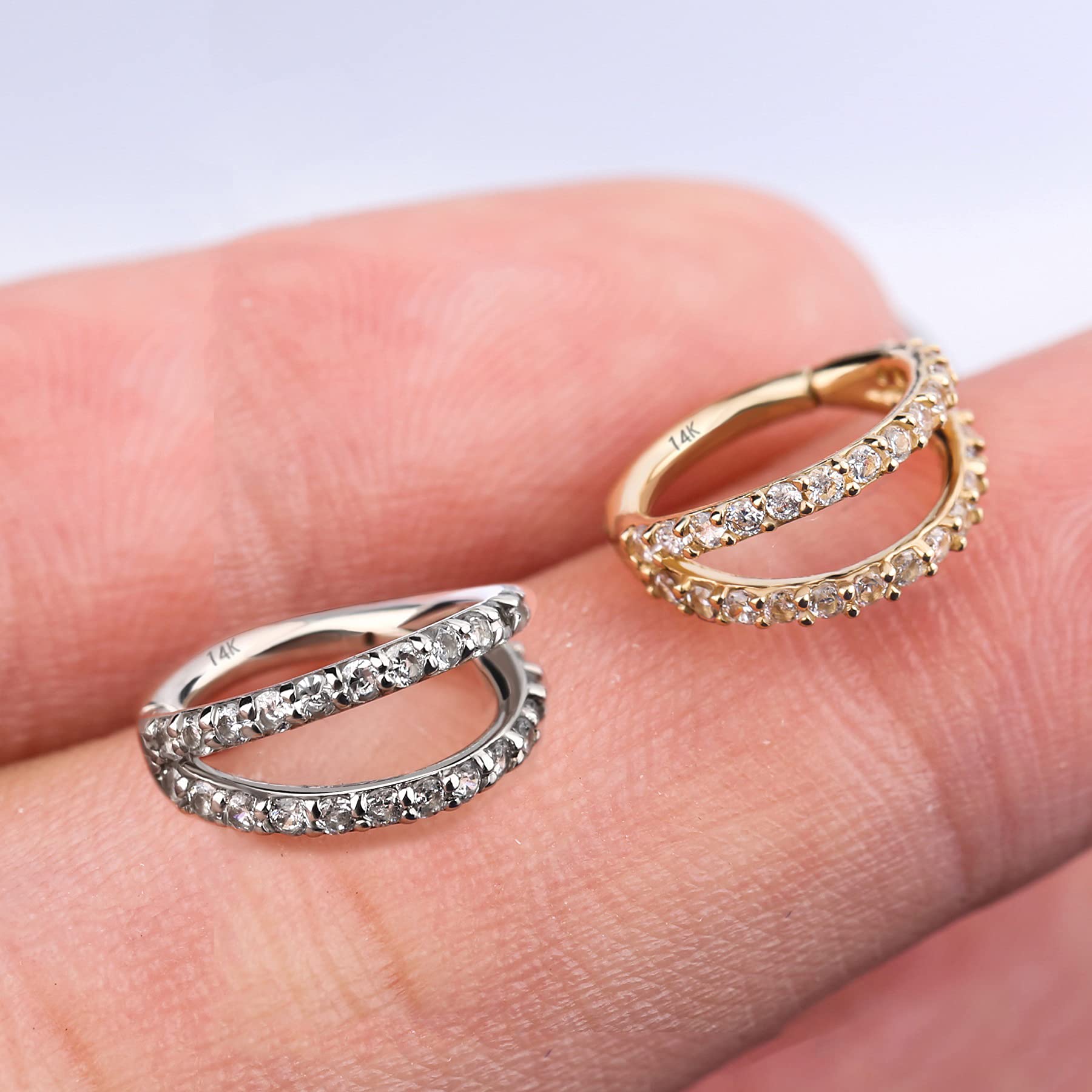 OUFER 14K Gold Helix Earrings Solid Gold Double Row Diamonds Septum Piercing Jewelry Hoop Cartilage Earrings Daith Tragus Earrings