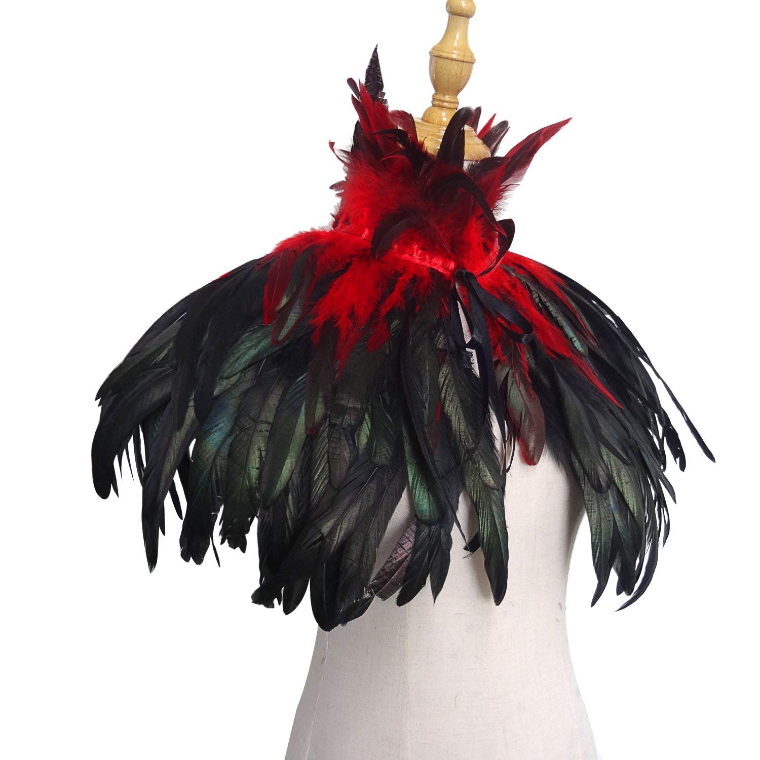 L'VOW Black Gothic Victorian Natural Feather Cape Shawl Stole Poncho with Choker Feather Collar Halloween Cosplay(Red)