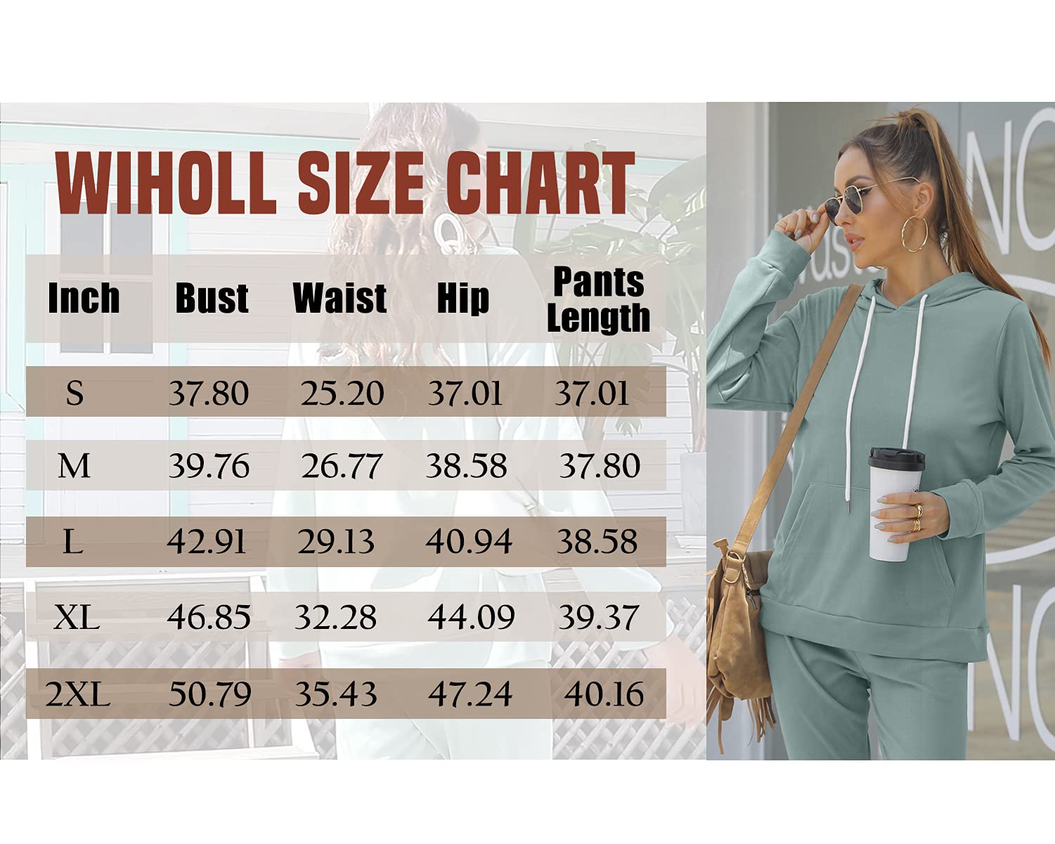 WIHOLL Two Piece Outfits for Women Fall Long Pants Set Sweatsuits Set Hoodie Sage Green L