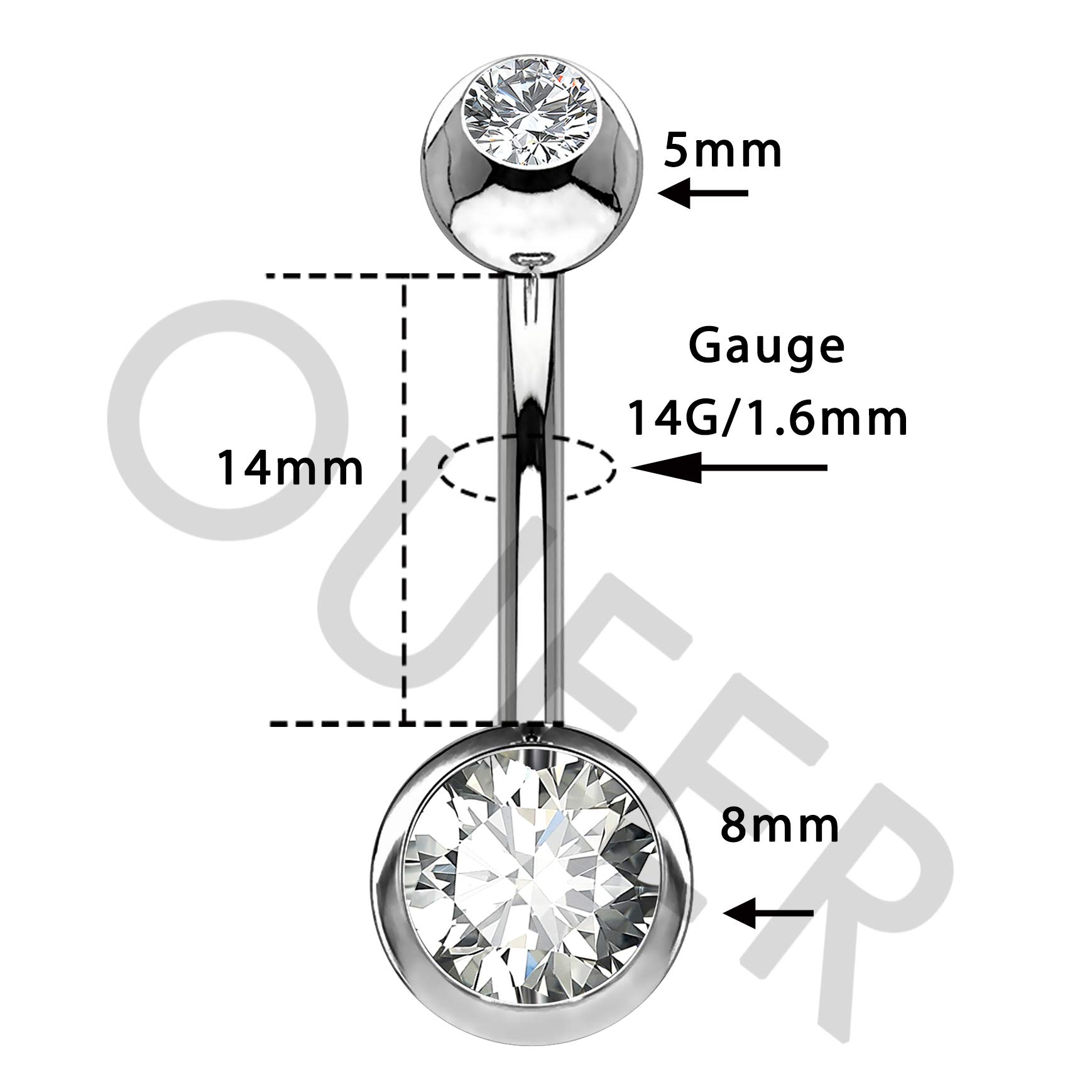 OUFER 14MM Belly Button Rings G23 Solid Titanium 14G Clear CZ Belly Rings Navel Piercing Jewelry Navel Rings