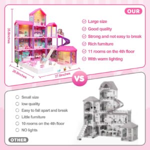 beefunni Doll House, Dream Dollhouse for Girls,Doll Houses 4-5 7-8 Year Old with 4 Stories -11 Rooms, 2 Dolls and Furniture, Princess Dollhouse 2024 Christmas Toy Gifts for 3 4 5 6 7 8+ Year Old Girls