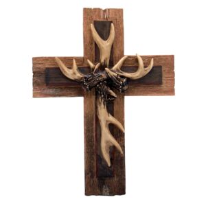 rustic wood look wall cross featuring antlers, rustic décor, religious themed, 13.5 inches