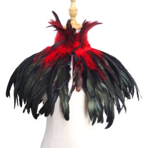 L'VOW Black Gothic Victorian Natural Feather Cape Shawl Stole Poncho with Choker Feather Collar Halloween Cosplay(Red)