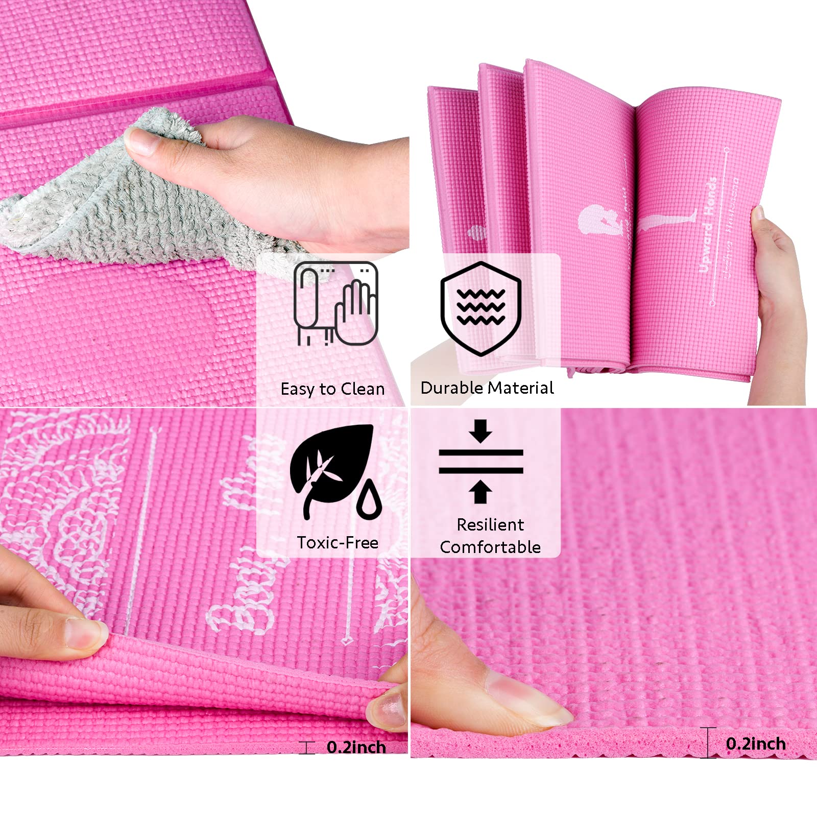 Foldable Yoga Mat for Women, Non Slip Exercise Mat for Home Gym, Travel Yoga Set With Stretch Strap for Yoga Pilates and Fitness, 68"L x 24"W x 5mm Thick (Pink)