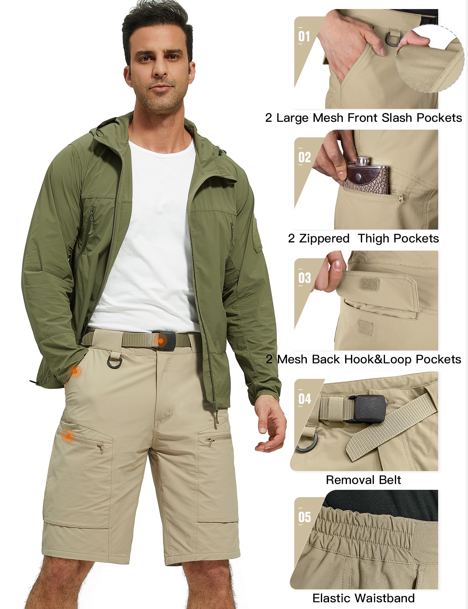 FREE SOLDIER Men's Cargo Hiking Shorts with Belt Lightweight Breathable Quick Dry Tactical Shorts with 6 Pockets for Casual Work Golf Camping Khaki