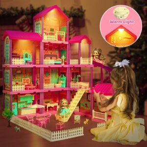 beefunni Doll House, Dream Dollhouse for Girls,Doll Houses 4-5 7-8 Year Old with 4 Stories -11 Rooms, 2 Dolls and Furniture, Princess Dollhouse 2024 Christmas Toy Gifts for 3 4 5 6 7 8+ Year Old Girls