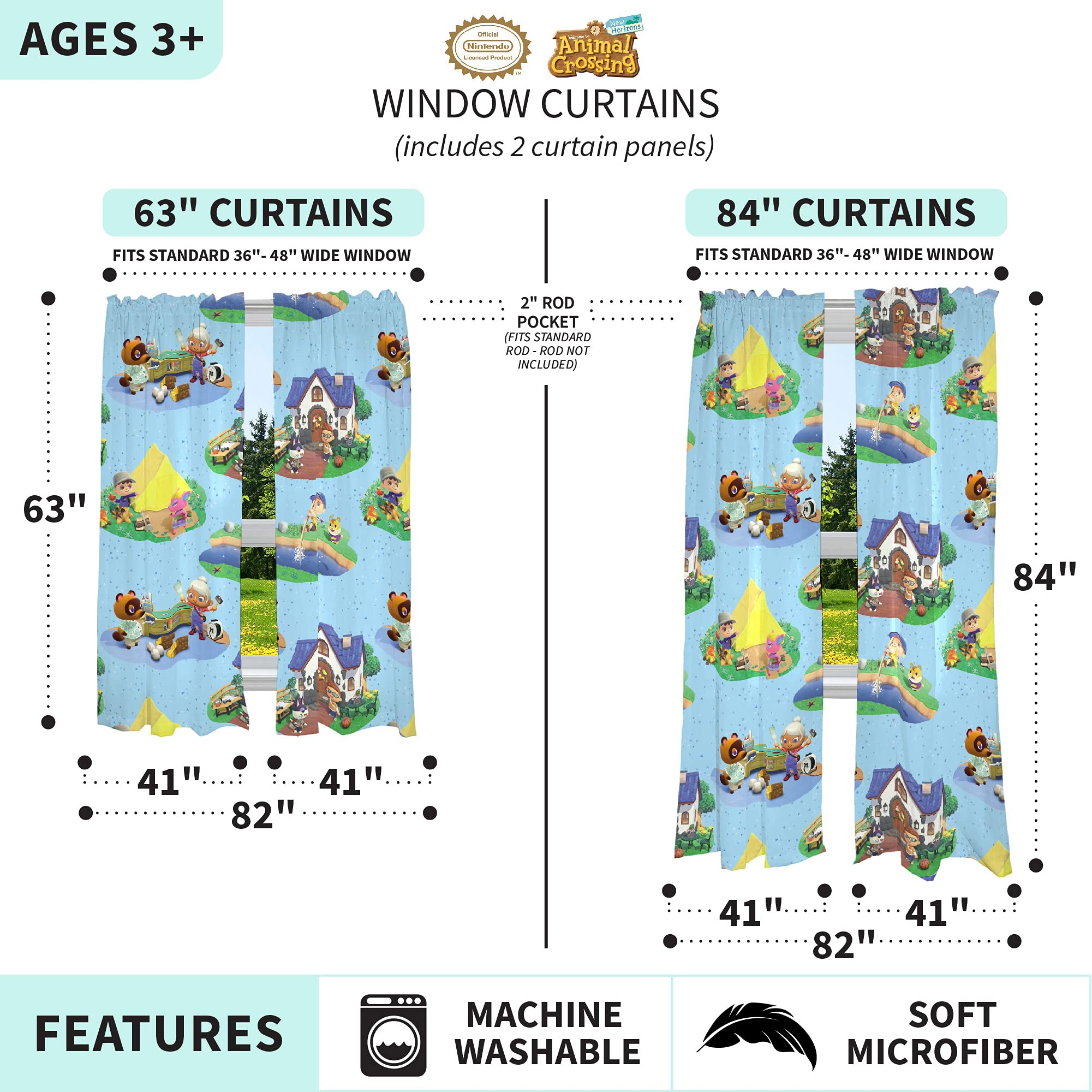 Franco Kids Room Window Curtains Drapes Set, 82 in x 84 in, Animal Crossing