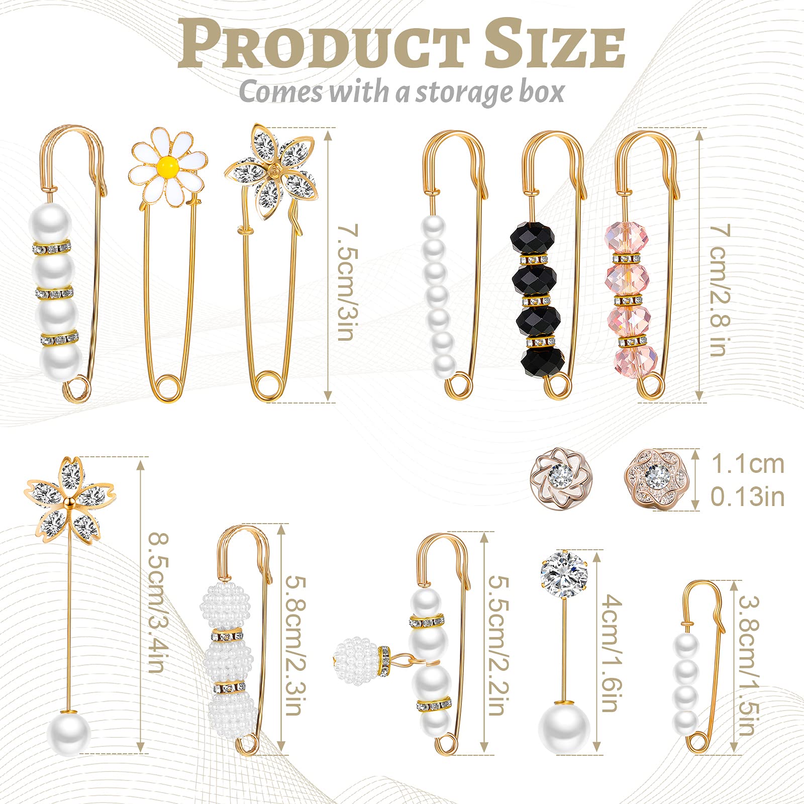 17 Pieces Pearl Brooch Pins Sweater Shawl Clips Faux Pearl Rhinestones Collar Safety Pin for Women Clothing Dresses Decoration Accessories with Storage Box(Classic Style)