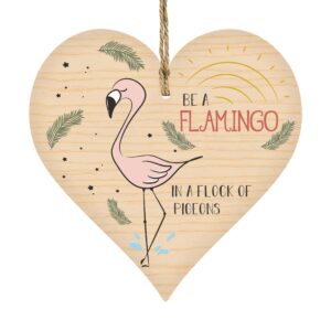 wooden & antique - be a flamingo in a flock of pigeons - wooden hanging heart plaque-sign gift