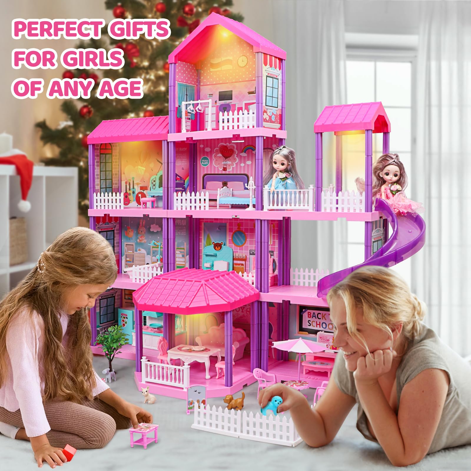 beefunni Doll House, Dream Dollhouse for Girls,Doll Houses 4-5 7-8 Year Old with 4 Stories -11 Rooms, 2 Dolls and Furniture, Princess Dollhouse 2024 Christmas Toy Gifts for 3 4 5 6 7 8+ Year Old Girls