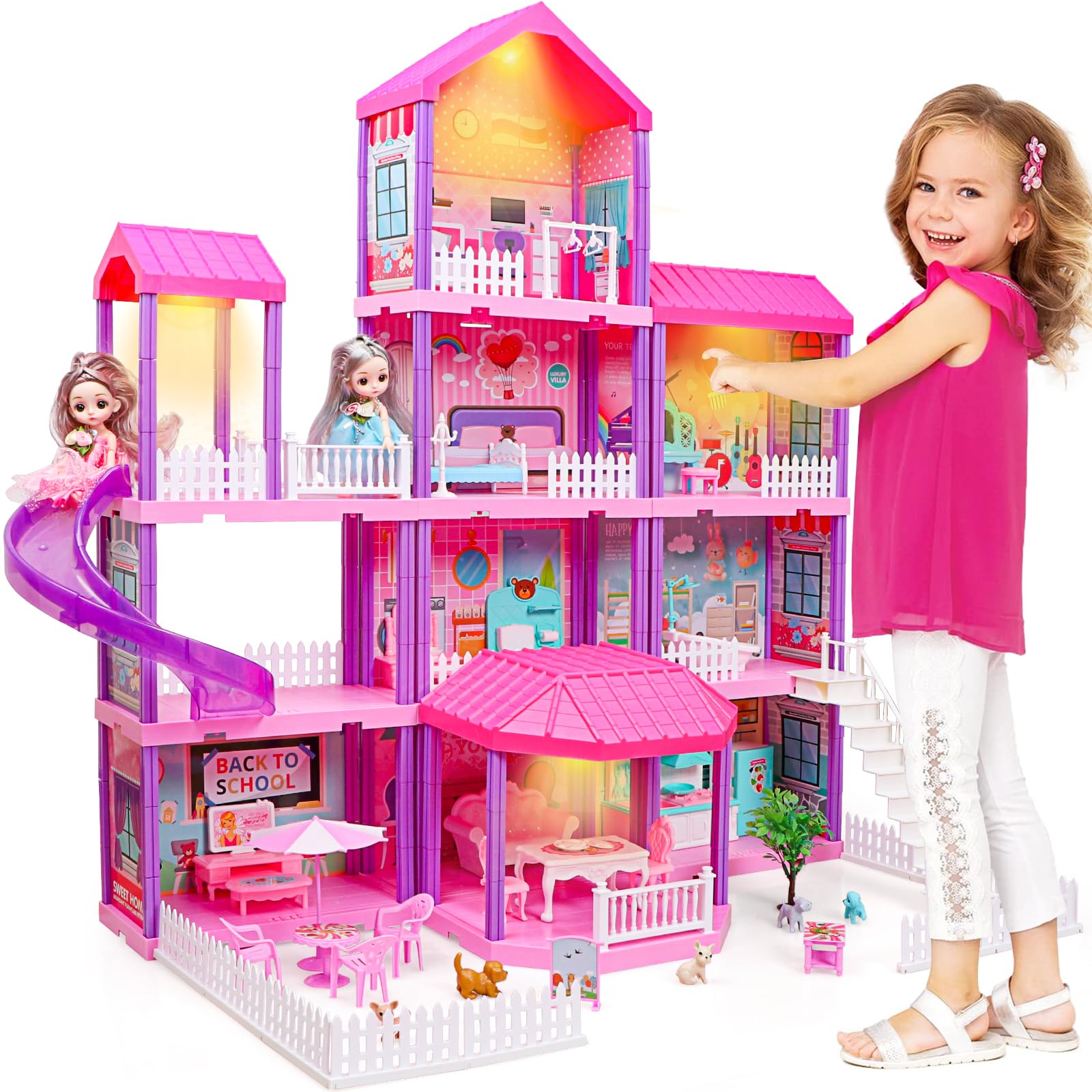 beefunni Doll House, Dream Dollhouse for Girls,Doll Houses 4-5 7-8 Year Old with 4 Stories -11 Rooms, 2 Dolls and Furniture, Princess Dollhouse 2024 Christmas Toy Gifts for 3 4 5 6 7 8+ Year Old Girls