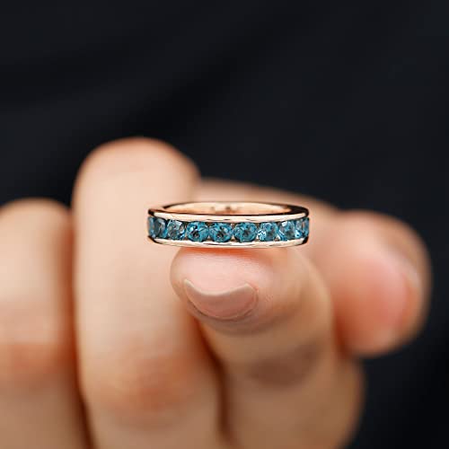 Certified London Blue Topaz Eternity Band, AAA Quality, Natural Blue Topaz Full Eternity Ring (With Jewelry Box), 14K Rose Gold, Size:US 5.50