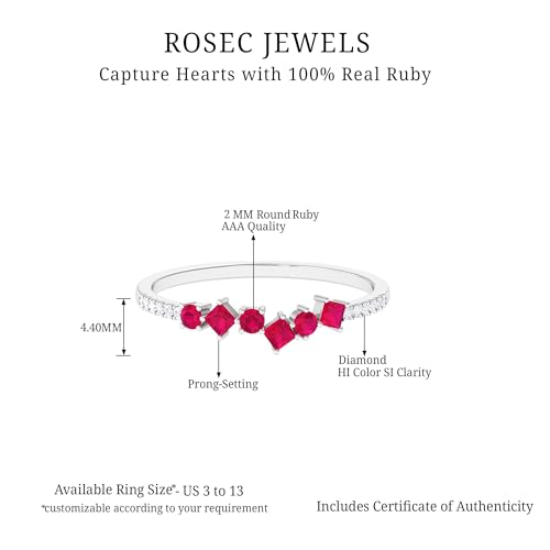 Rosec Jewels Princess and Round Ruby Minimal Eternity Anniversary Band Ring for Women, Aaa Quality, 14K White Gold, Size:US 7.00