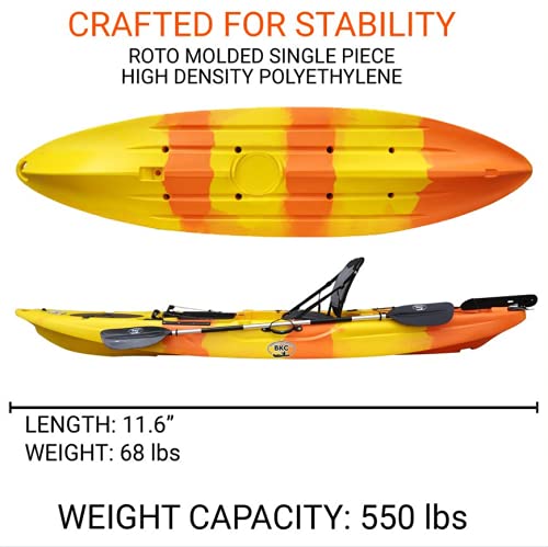 BKC UH-RA220 11.5 Foot Angler Sit On Top Fishing Kayak with Paddles and Upright Chair and Rudder System Included (Yellow Orange)