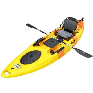 BKC UH-RA220 11.5 Foot Angler Sit On Top Fishing Kayak with Paddles and Upright Chair and Rudder System Included (Yellow Orange)