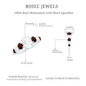 Rosec Jewels Moissanite Diamond Engagement Ring with Garnet - Certified 6X8 MM Oval Shape Moissanite Solitaire Ring (D-VS1 Quality), 14K White Gold, Size:US 7.50