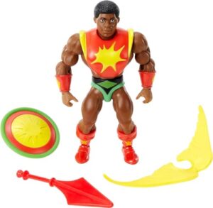 masters of the universe origins toy, sun-man 5.5-in action figure collectible, 16 movable joints, accessories