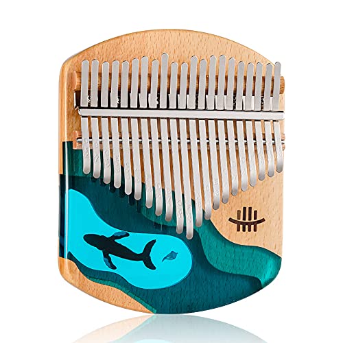 Hluru 21 Key Ocean Kalimba | Round Corner Resin & Beech Material Whale Jellyfish Thumb Piano Blue, HL-21BON