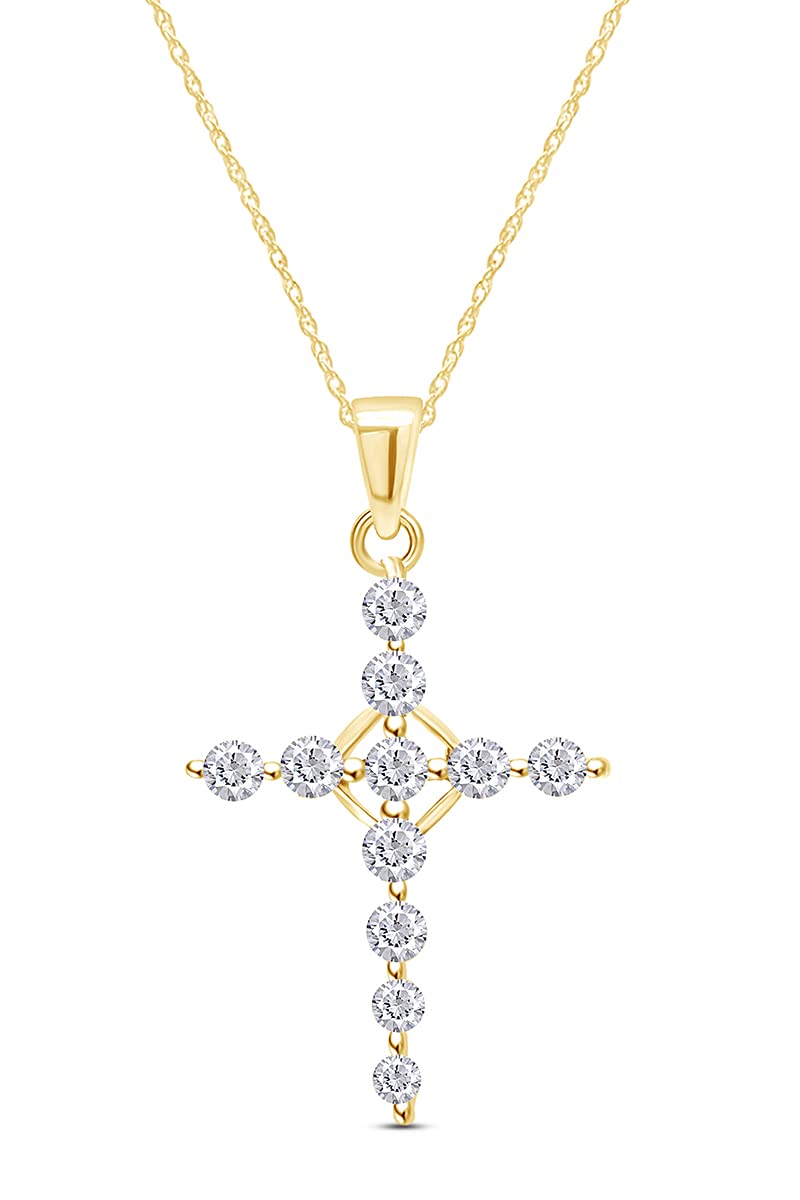 SAVEARTH DIAMONDS 3/4 Carat CT.T.W Round Cut Lab Grown Diamond Cross Pendant Necklace In 14k Yellow Gold Over Sterling Silver Jewelry For Her, 18" Chain (0.75 Cttw)