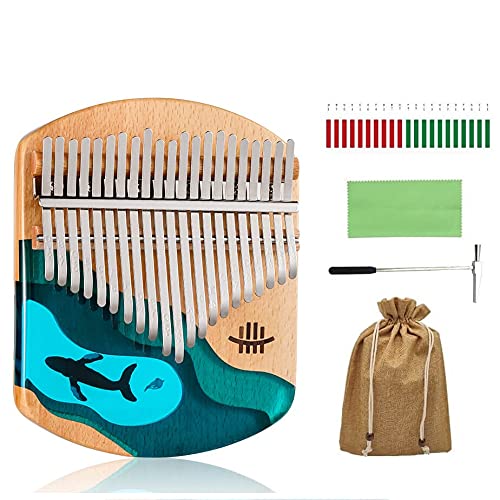 Hluru 21 Key Ocean Kalimba | Round Corner Resin & Beech Material Whale Jellyfish Thumb Piano Blue, HL-21BON