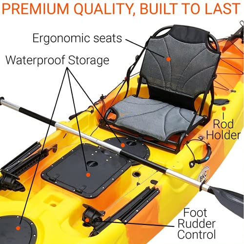 BKC UH-RA220 11.5 Foot Angler Sit On Top Fishing Kayak with Paddles and Upright Chair and Rudder System Included (Yellow Orange)