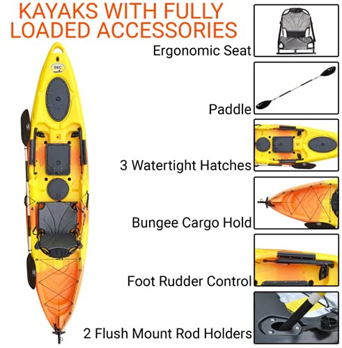 BKC UH-RA220 11.5 Foot Angler Sit On Top Fishing Kayak with Paddles and Upright Chair and Rudder System Included (Yellow Orange)