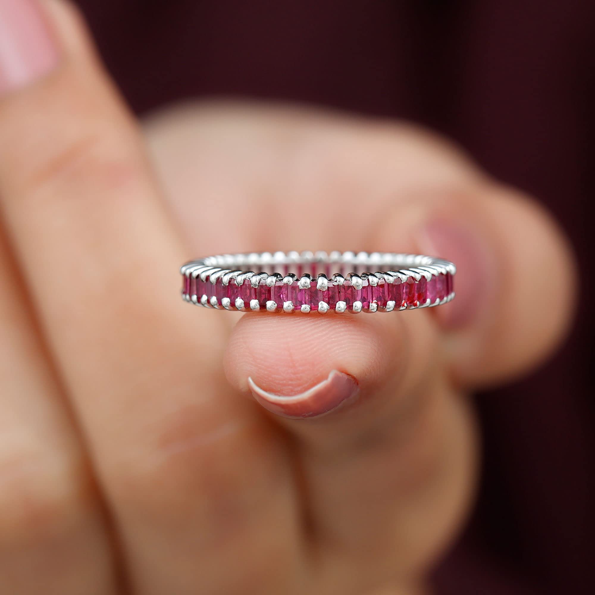 Baguette Ruby Eternity Anniversary Band for Women, July Birthstone Jewelry, Aaa Quality, 14K White Gold, Size:US 7.50