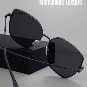 LUENX Trendy Square Oversized Women Aviator Sunglasses - Polygon Flat Three dimensional Rhombic Loop Wire Black Frame PC Grey Lens