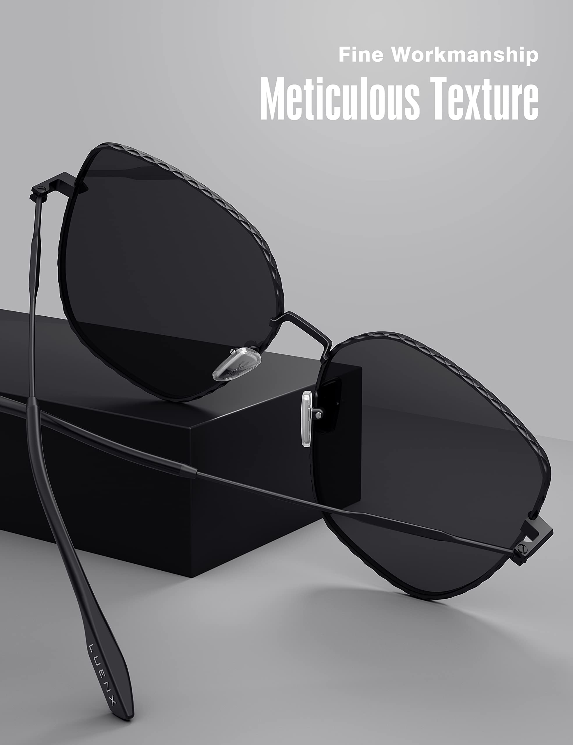 LUENX Trendy Square Oversized Women Aviator Sunglasses - Polygon Flat Three dimensional Rhombic Loop Wire Black Frame PC Grey Lens