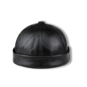 jghj men genuine leather skullcap, sailor cap hat beanie rolled cuff retro brimless genuine leather beanie hat (black,l)