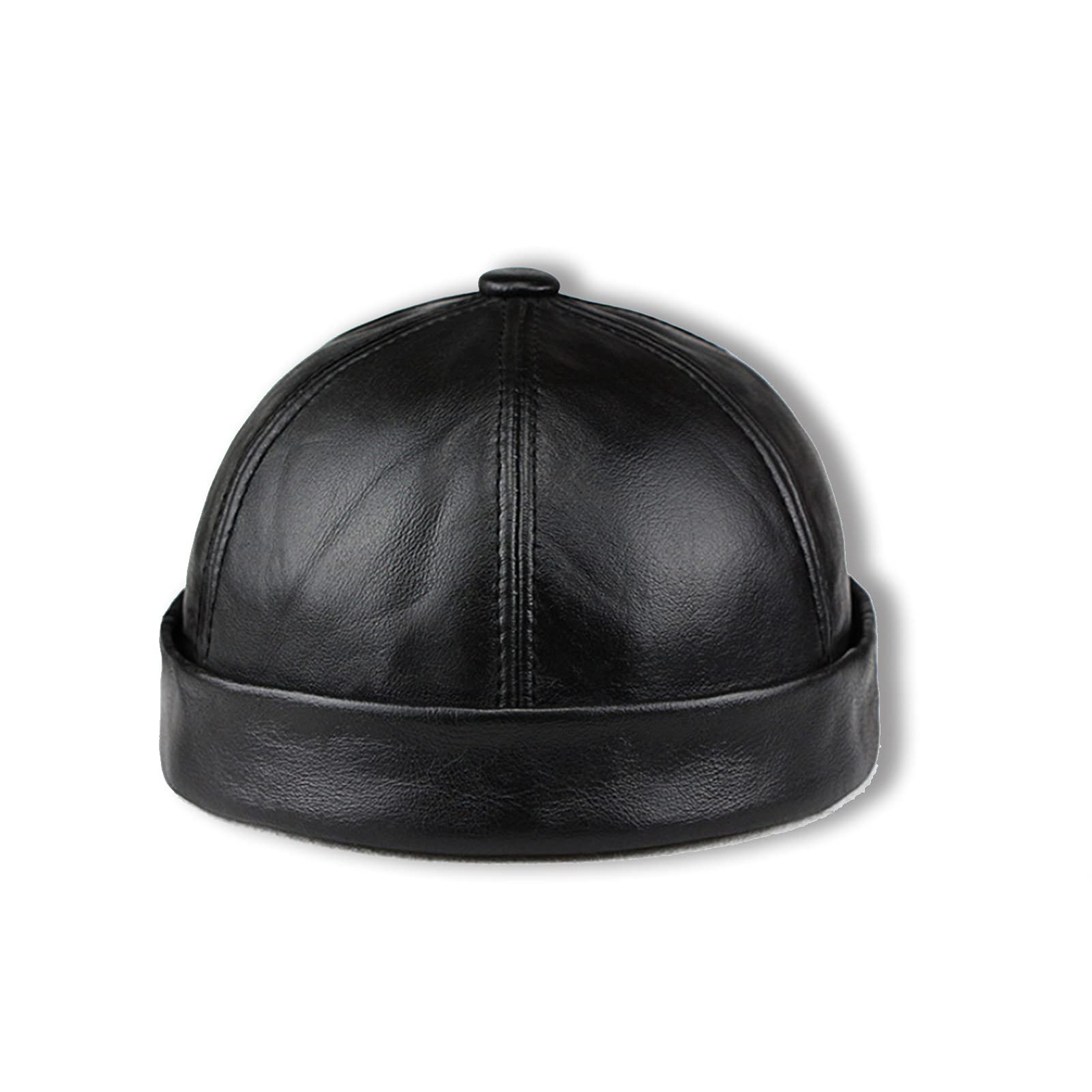 JGHJ Men Genuine Leather Skullcap, Sailor Cap Hat Beanie Rolled Cuff Retro Brimless Genuine Leather Beanie Hat (Black,L)