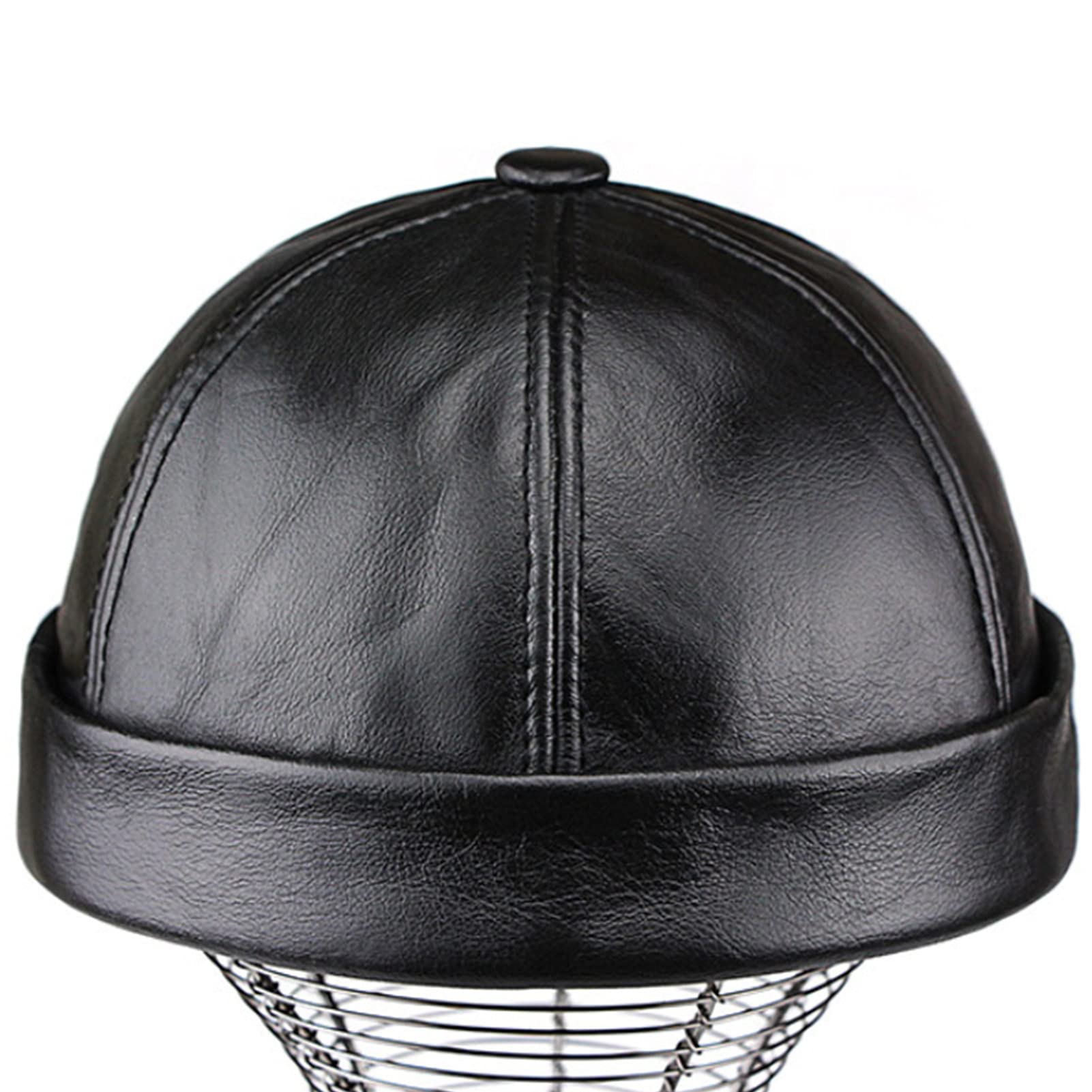 JGHJ Men Genuine Leather Skullcap, Sailor Cap Hat Beanie Rolled Cuff Retro Brimless Genuine Leather Beanie Hat (Black,L)