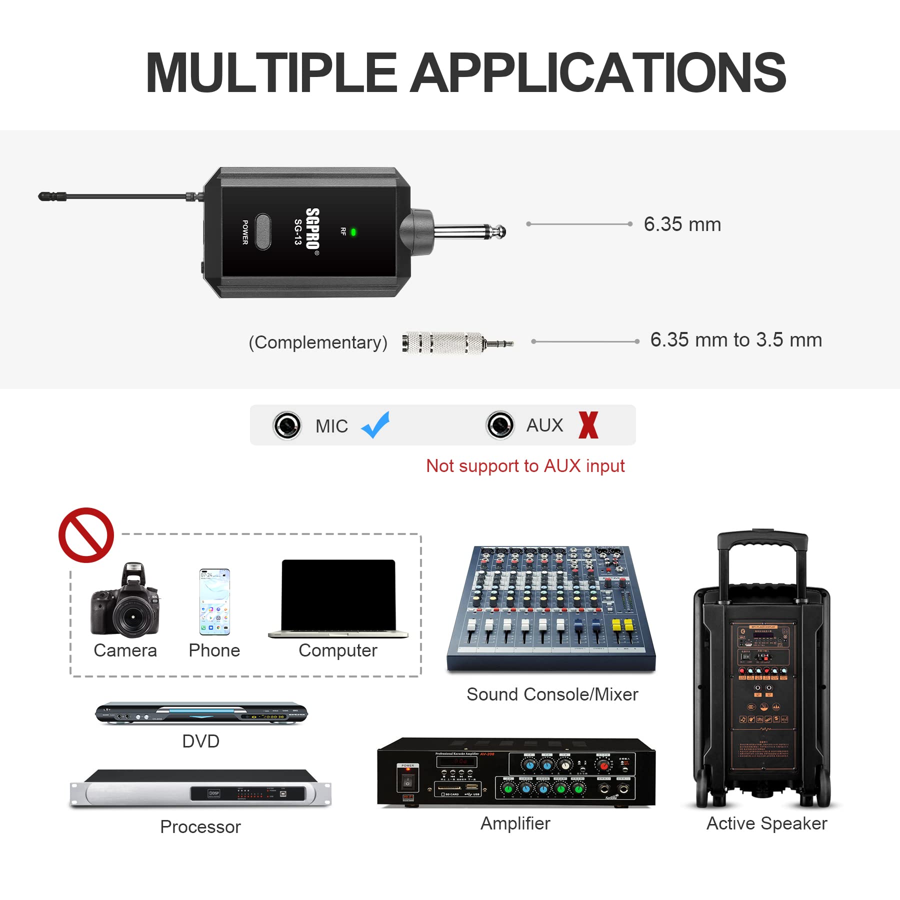 SGPRO Multiple-Purpose Wireless Microphone Set Compact Receiver Mute Function Battery Indicator for Singing, DJ, Speech, Classroom, Church, Home Karaoke and More (SG-13 | Single Handheld Set)