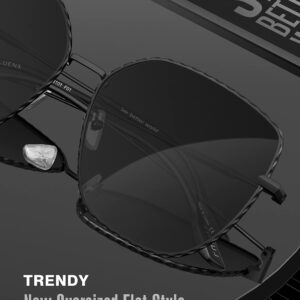 LUENX Trendy Square Oversized Women Aviator Sunglasses - Polygon Flat Three dimensional Rhombic Loop Wire Black Frame PC Grey Lens