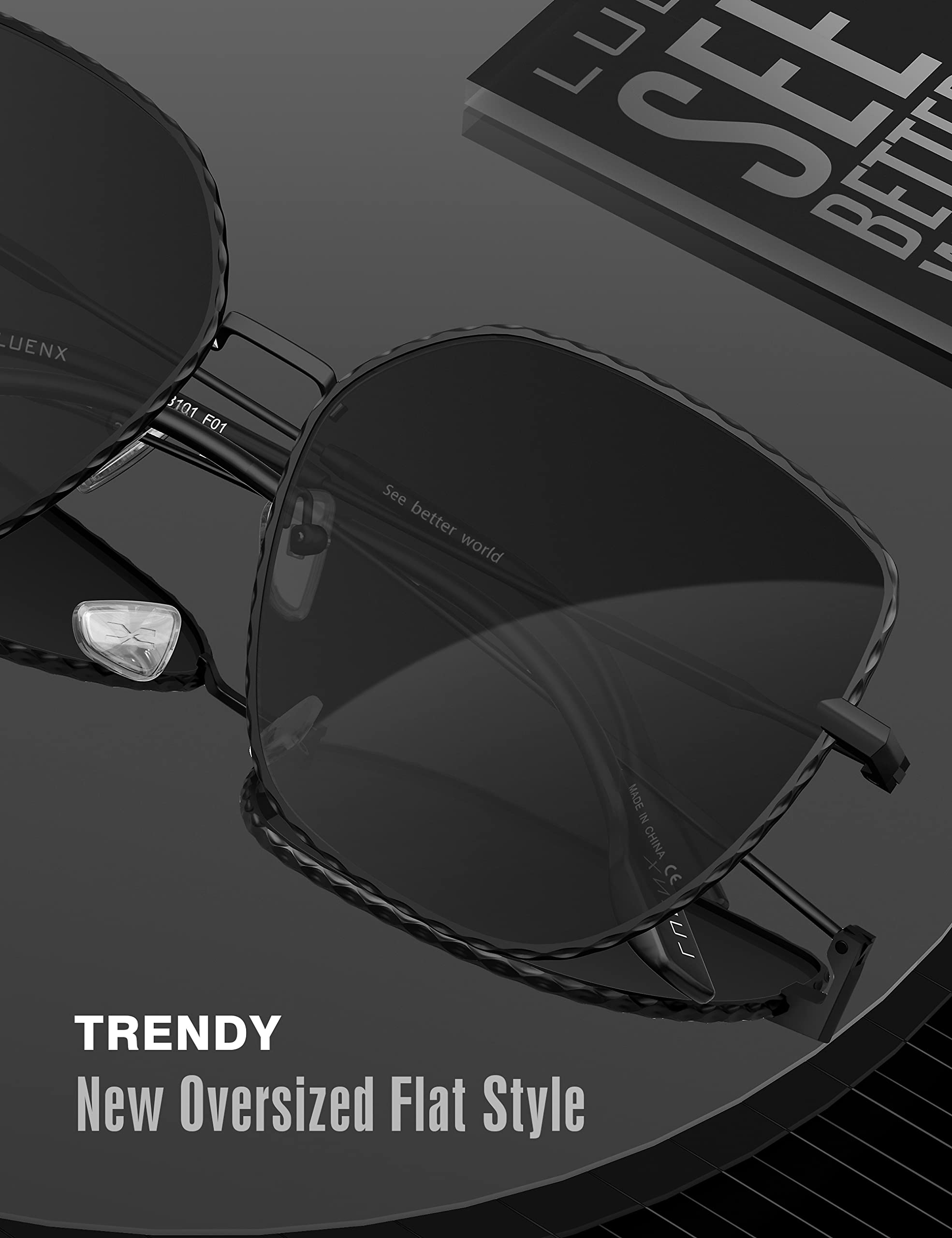 LUENX Trendy Square Oversized Women Aviator Sunglasses - Polygon Flat Three dimensional Rhombic Loop Wire Black Frame PC Grey Lens