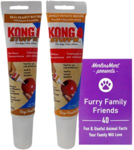 kong stuff'n dog toy fill tubes 2 flavor variety - (1) each: real peanut butter, sweet potato spread (5 ounces) - plus fun animal facts booklet bundle