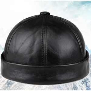 JGHJ Men Genuine Leather Skullcap, Sailor Cap Hat Beanie Rolled Cuff Retro Brimless Genuine Leather Beanie Hat (Black,XL), X-Large