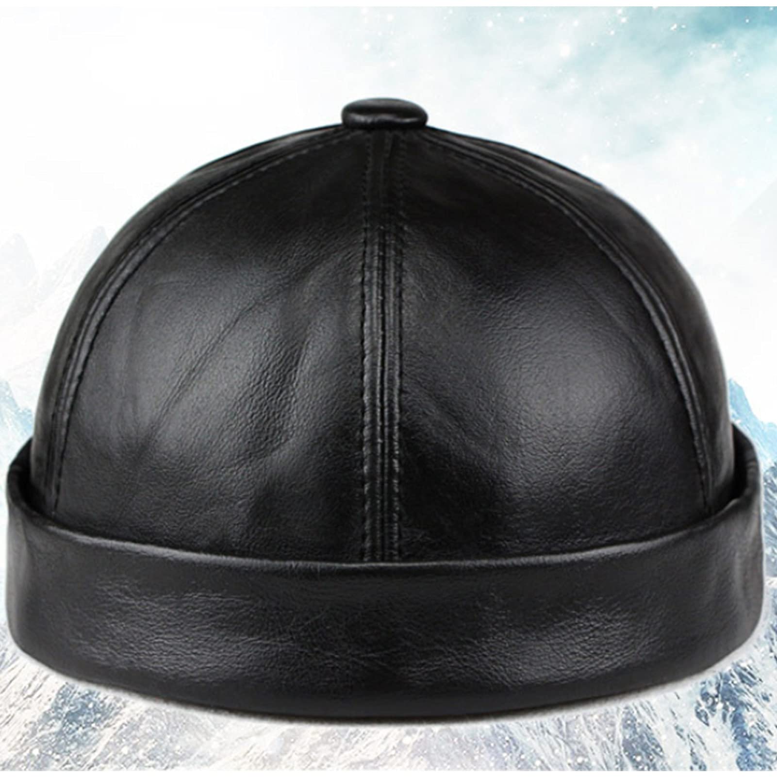 JGHJ Men Genuine Leather Skullcap, Sailor Cap Hat Beanie Rolled Cuff Retro Brimless Genuine Leather Beanie Hat (Black,XL), X-Large