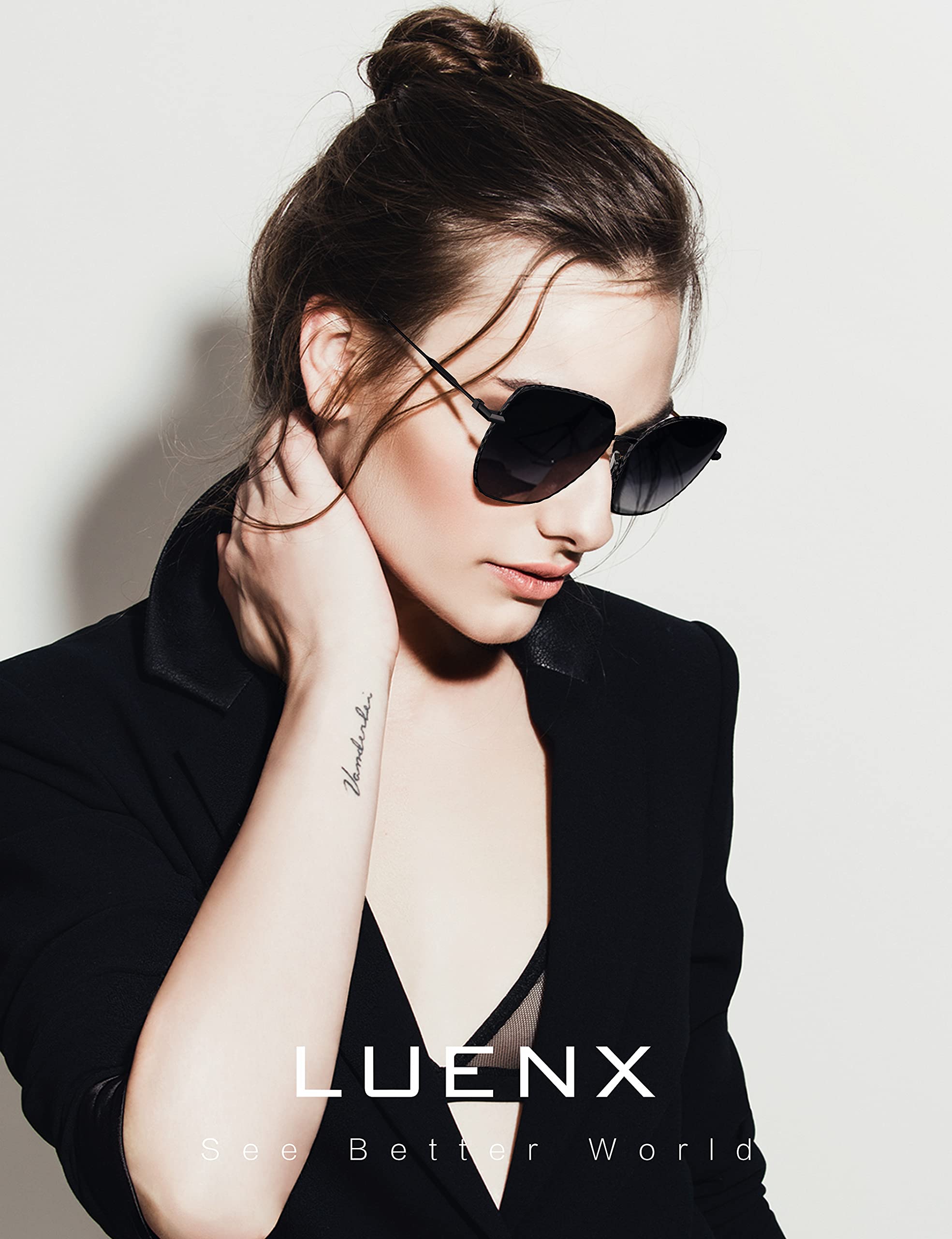 LUENX Trendy Square Oversized Women Aviator Sunglasses - Polygon Flat Three dimensional Rhombic Loop Wire Black Frame PC Grey Lens