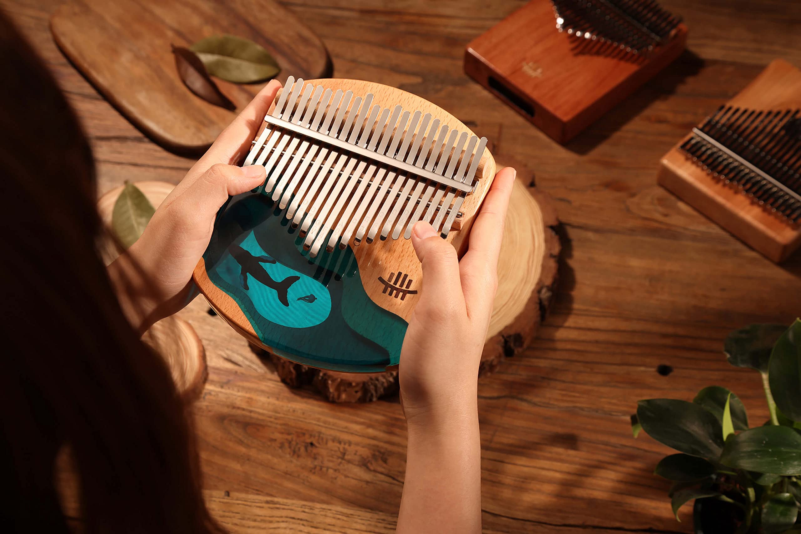 Hluru 21 Key Ocean Kalimba | Round Corner Resin & Beech Material Whale Jellyfish Thumb Piano Blue, HL-21BON