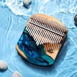 Hluru 21 Key Ocean Kalimba | Round Corner Resin & Beech Material Whale Jellyfish Thumb Piano Blue, HL-21BON