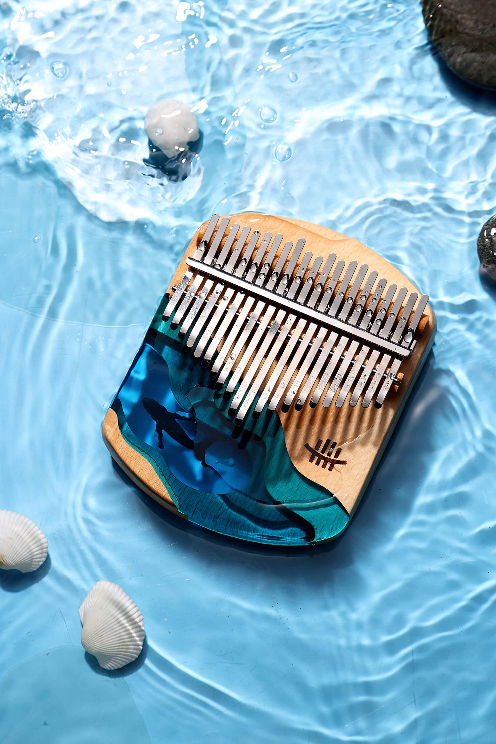 Hluru 21 Key Ocean Kalimba | Round Corner Resin & Beech Material Whale Jellyfish Thumb Piano Blue, HL-21BON