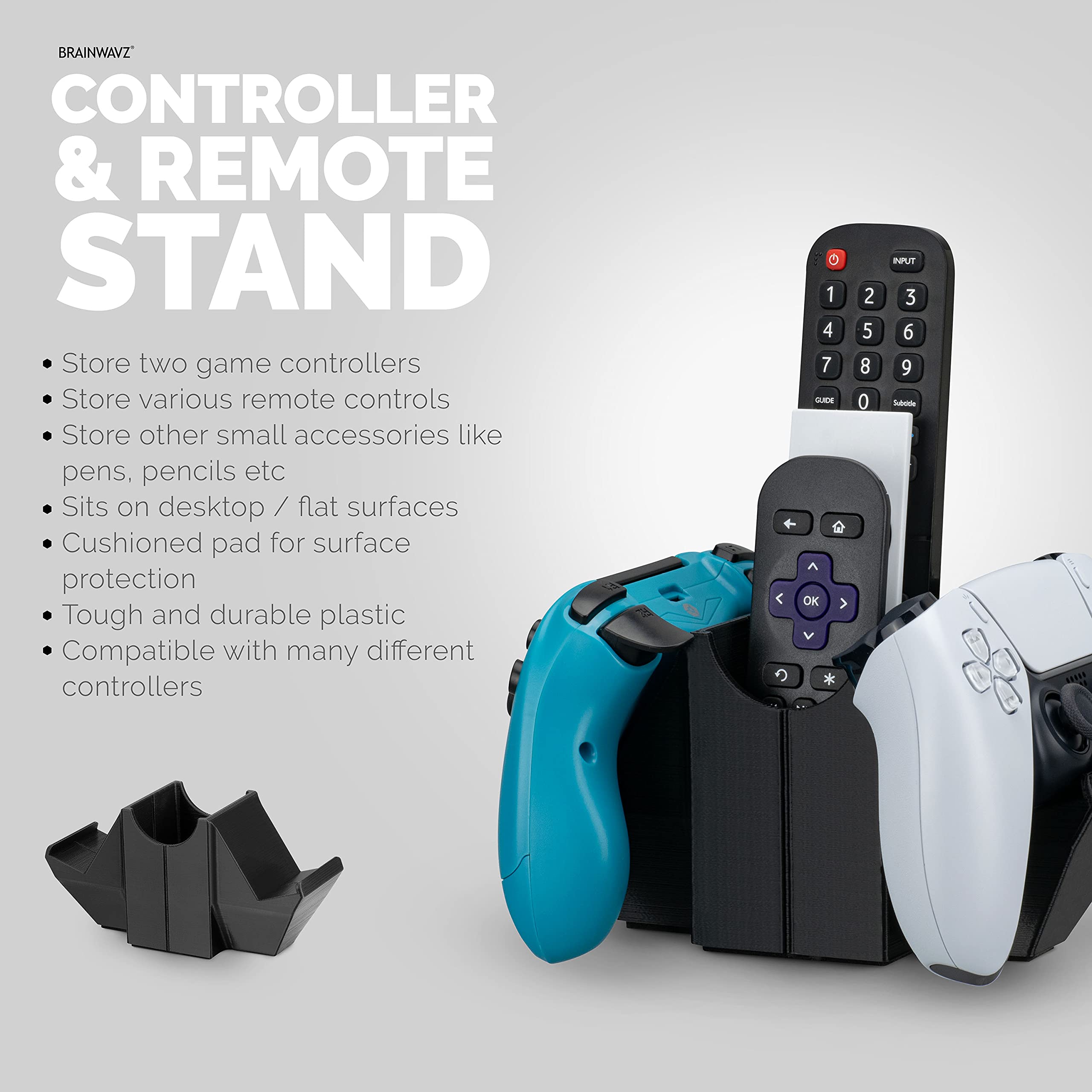 BRAINWAVZ Dual Game Controller & TV Remote Control & Storage Desktop Holder, Universal Design for Xbox ONE PS5 PS4 PC Gamepads, Reduce Clutter, UGDS-01