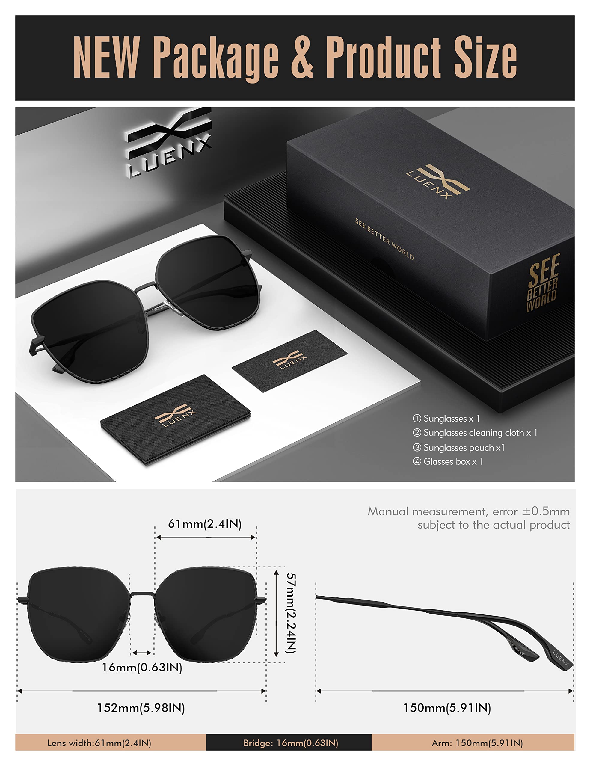 LUENX Trendy Square Oversized Women Aviator Sunglasses - Polygon Flat Three dimensional Rhombic Loop Wire Black Frame PC Grey Lens