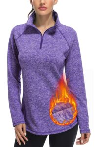 miusey womens quarter zip pullover long sleeve thermal fleece athletic running shirt quick dry 1/4 zip shirts activewear workout tops purple xxl